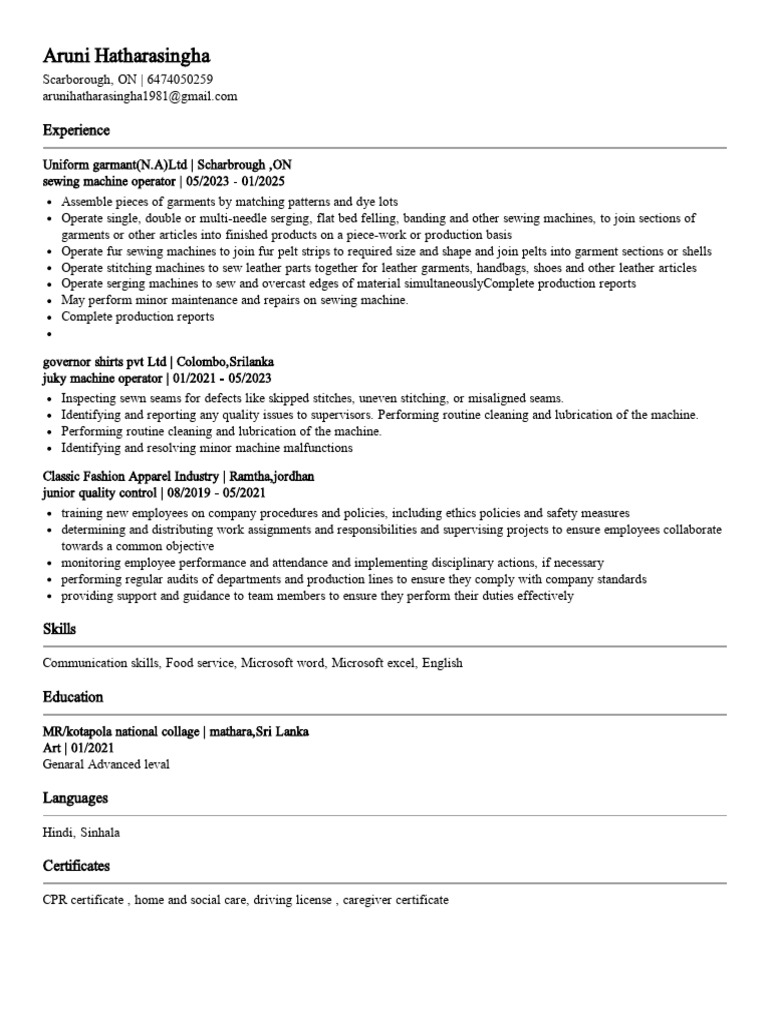 Sewing Machine Operator | PDF