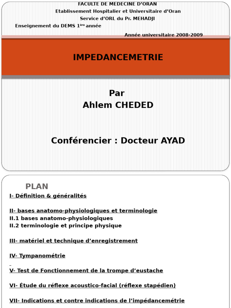 Impédancemétrie en ORL : Guide complet | PDF | Audition | Système auditif