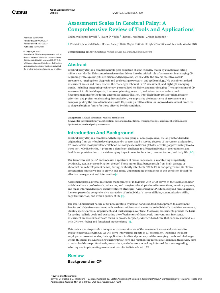 Assessment Scales in Cerebral Palsy | PDF | Educational Assessment ...