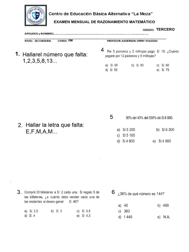 Examen RM 3grado | PDF | Matemáticas