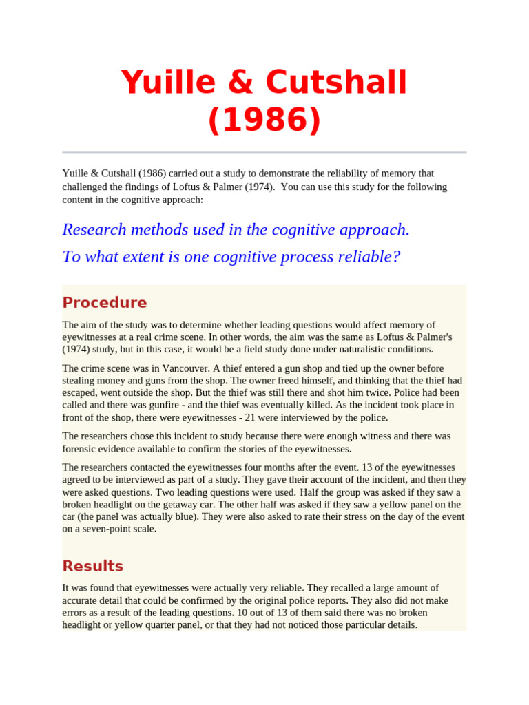 Yuille and Cutshall - Eyewitness To An Real Crime | PDF | Neuroscience ...