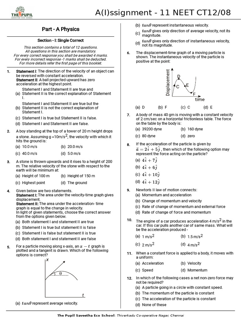 A (I) Ssignment 11 NEET CT12 08-12-Aug-2024 | PDF | Acceleration | Force
