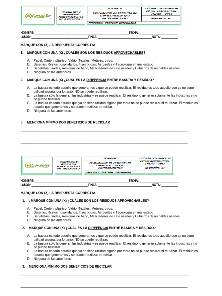 Formulario de Residuos Aprovechables | PDF | Residuos | Reciclaje