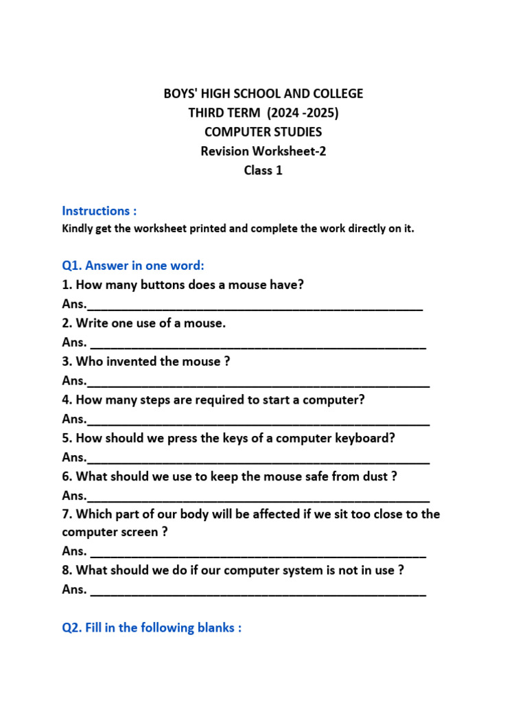 Class 1 Revision Worksheet-2 | PDF | Human–Computer Interaction | Computer Hardware