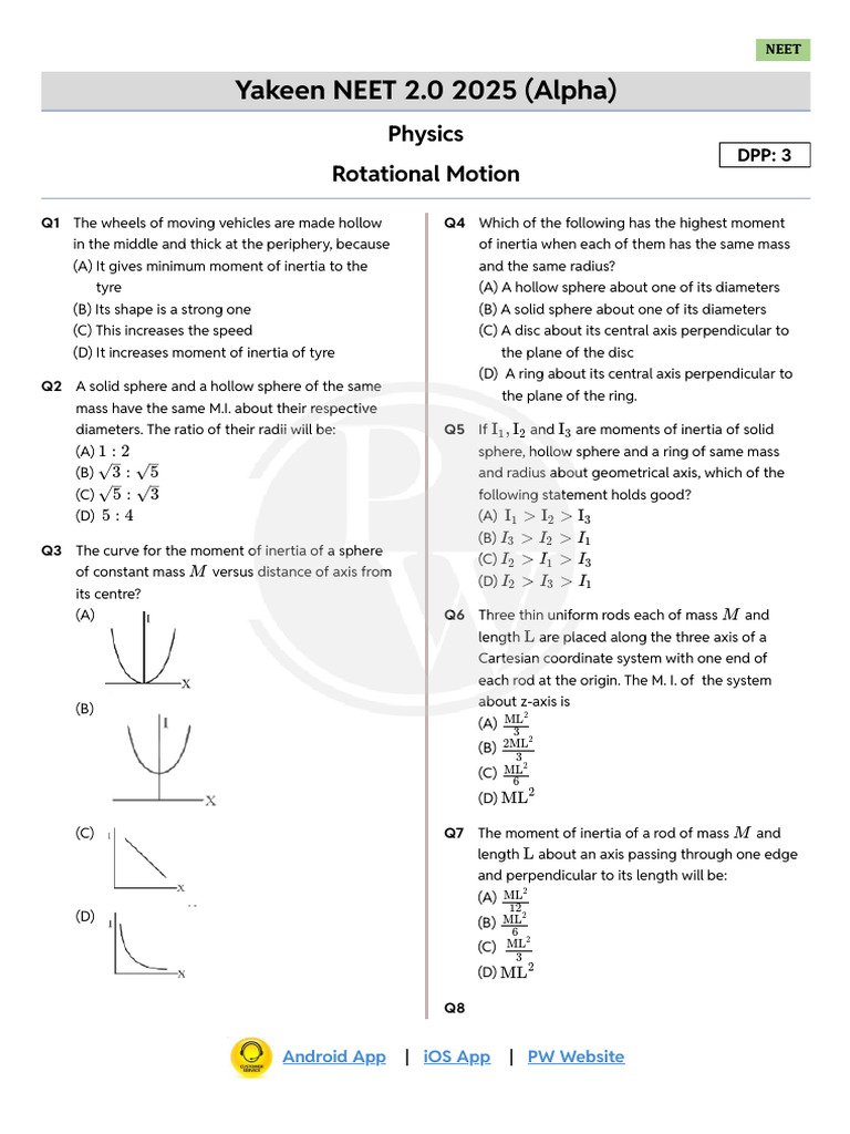 016 Rotational Motion DPP 03 of Lec 06 Yakeen NEET 20 2025 | PDF ...