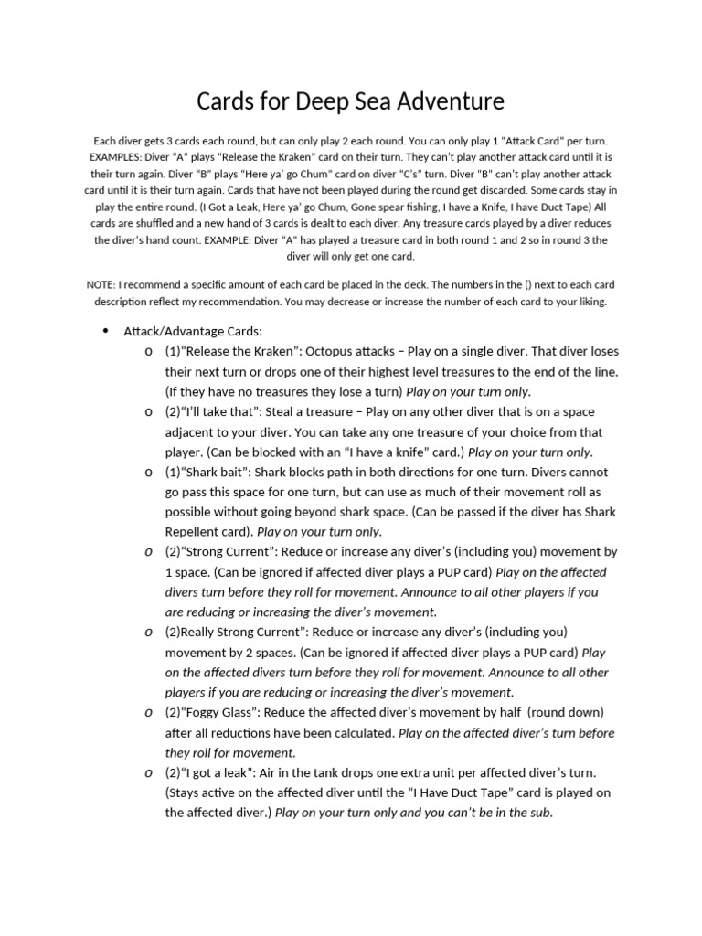 Deep Sea Adventure Card Game Rules | PDF | Scuba Diving | Underwater Diving