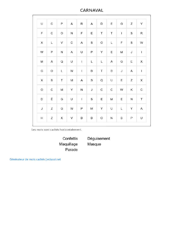 FLE CARNAVAL MOTS CACHES FACCILE VIERGE Educol | PDF