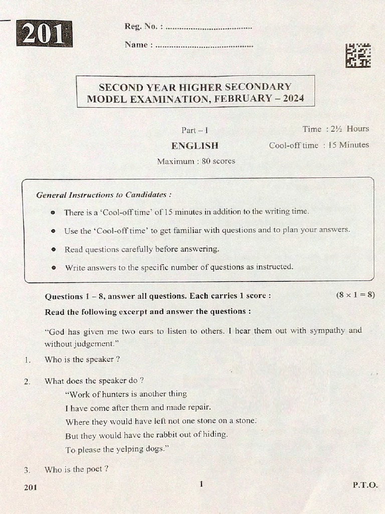 Kerala Plus Two Model Exam Question Paper 2024 English | PDF