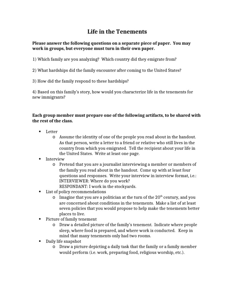 Tenement Worksheet | PDF