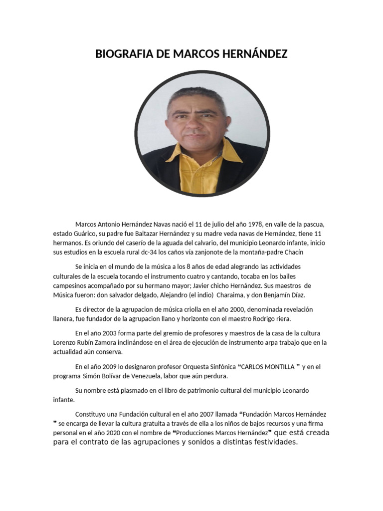 Biografía de Marcos Hernández, Cultor Musical | PDF