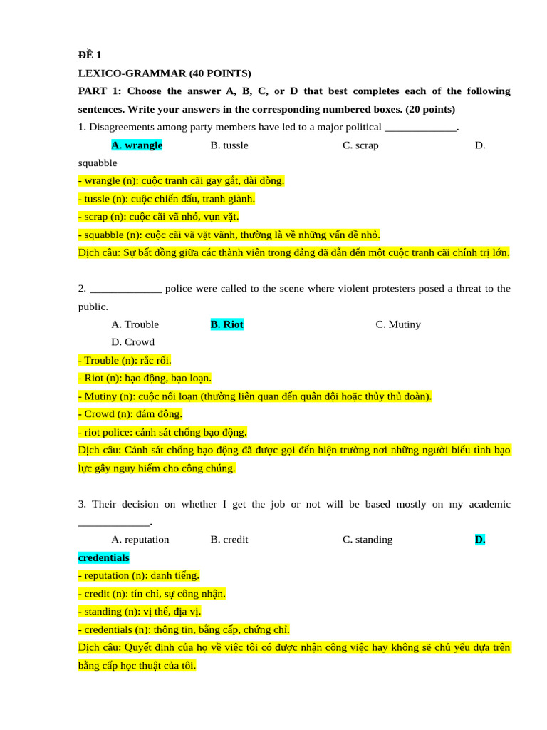 ĐỀ 1,ĐỀ 2 ĐÁP ÁN PHẦN LEXICAL-GRAMMAR-READING | PDF