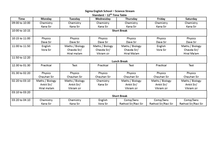 12th Time Table (NEW) | PDF