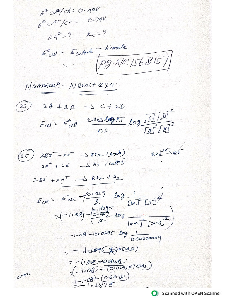 Electrochemistry bookback numericals | PDF