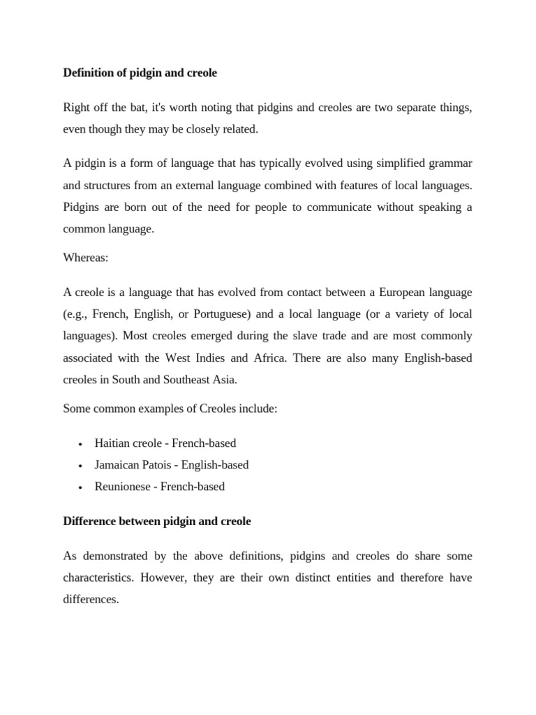 Definition of Pidgin and Creole | PDF | French Language | Languages