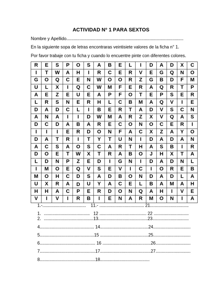 Sopa de Letras de Valores para Sextos | PDF