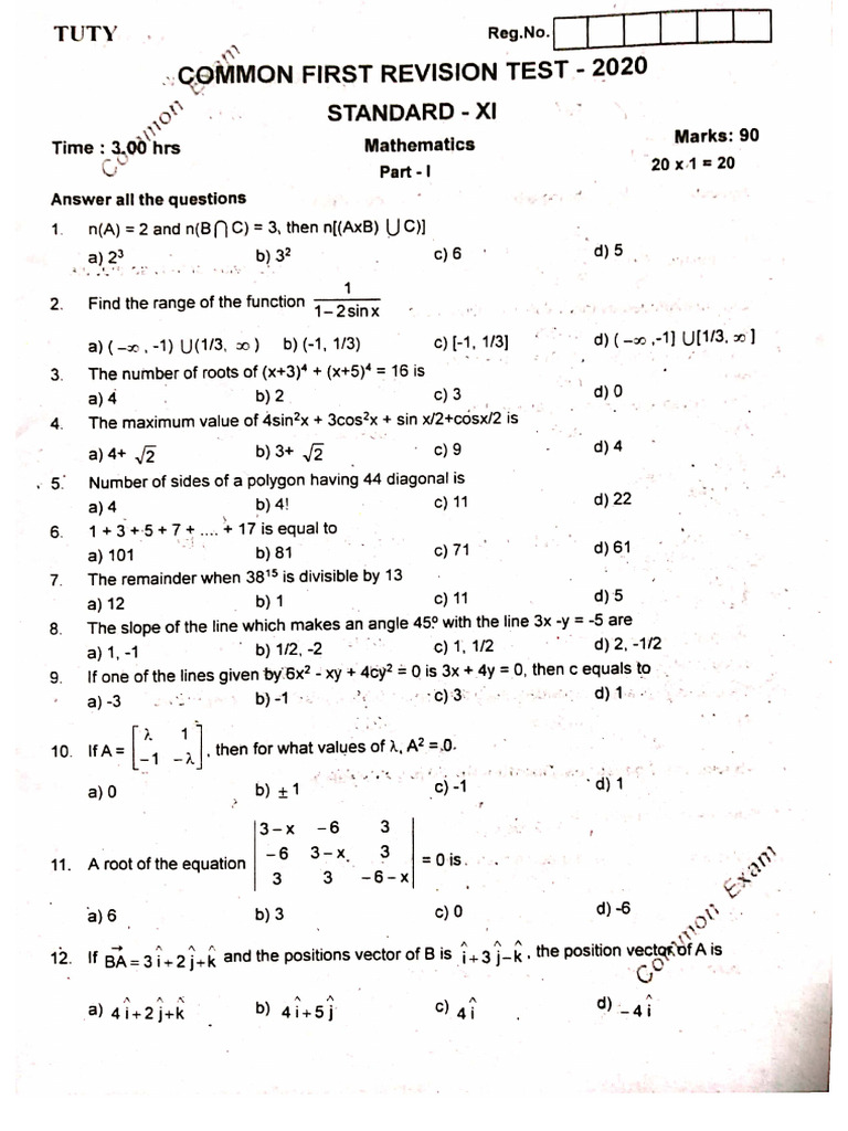 Namma Kalvi 11th Maths Revision Exam Question Paper Em 217177 | PDF