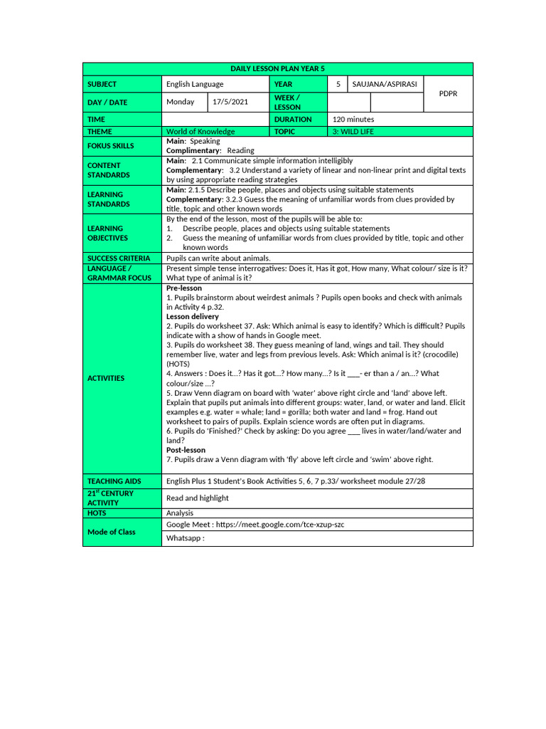 Daily Lesson Plan Year 5 - 17 May 2021 | PDF | Lesson Plan | English ...