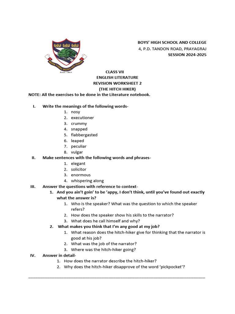 Class 7 Literature Revision Worksheet 2 | PDF