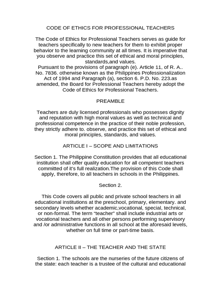 Code of Ethics For Professional Teachers 2 | PDF | Teachers | Justice