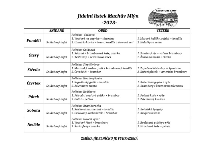 Tydenni Jidelni Listek 2023 | PDF