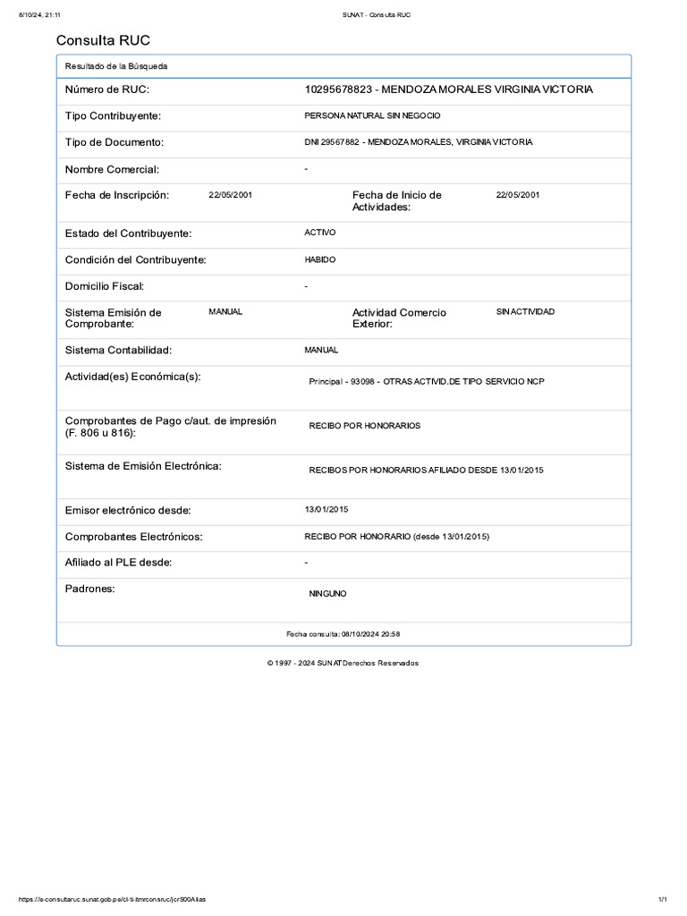 SUNAT - Consulta RUC Victoria Mendoza | PDF