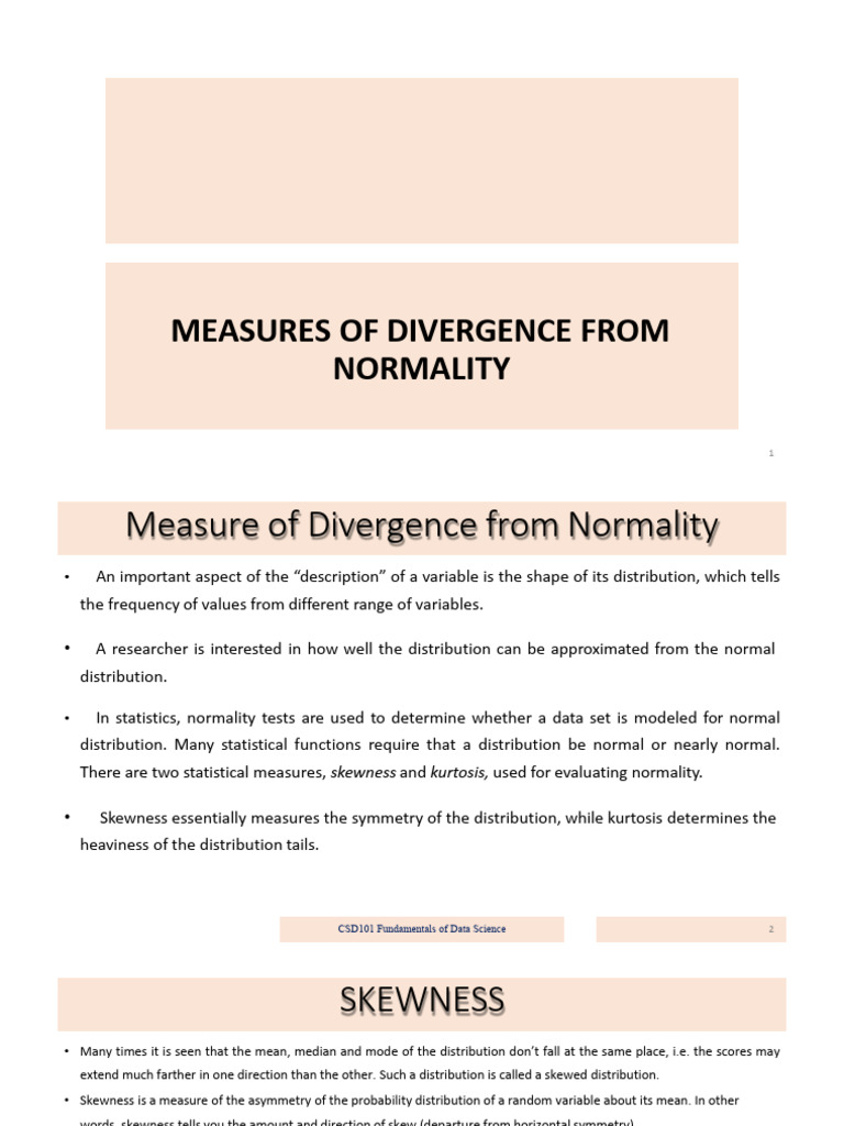 CSD101 - Session14 - Measures of Divergence From Normality | PDF | Skewness | Mean