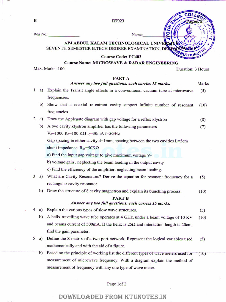 EC403 Microwave & Radar Engineering, December 2018 | PDF | Microwave | Amplifier