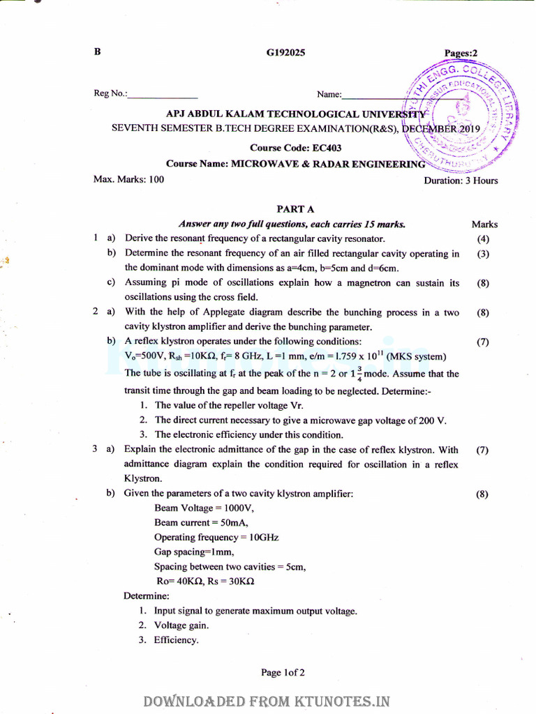EC403 Microwave & Radar Engineering, December 2019 | PDF | Electromagnetism | Electronics