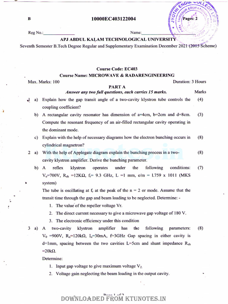 Ec403 Microwave & Radar Engineering, December 2021 | PDF | Microwave | Electromagnetism