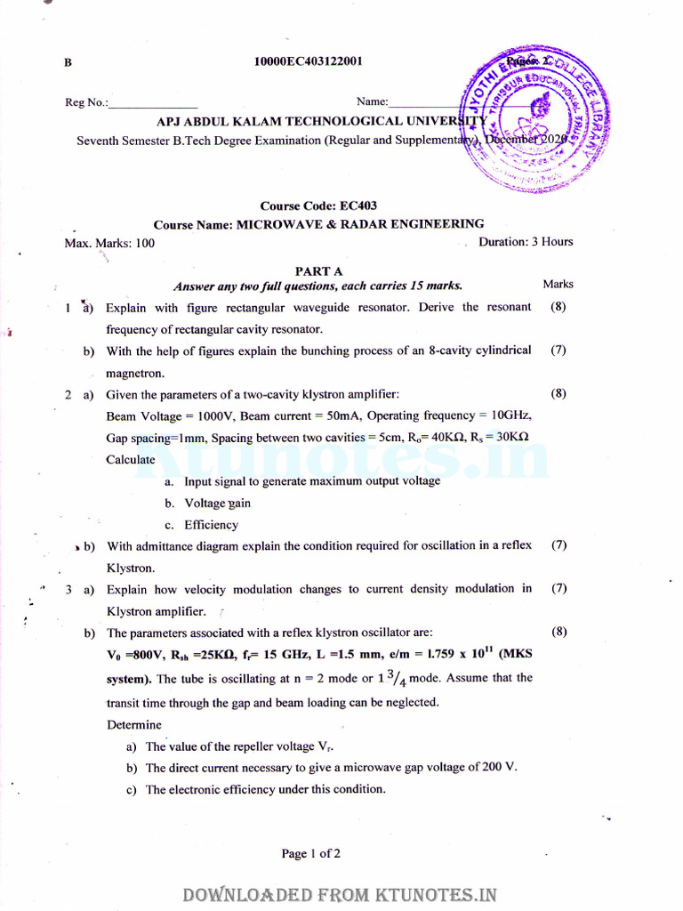 Ec403, Microwave & Radar Engineering, December 2020 | PDF | Electromagnetism | Information And ...