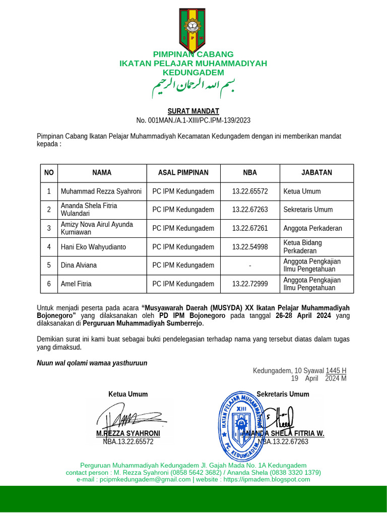 Mandat Pimpinan IPM Kedungadem 2024 | PDF