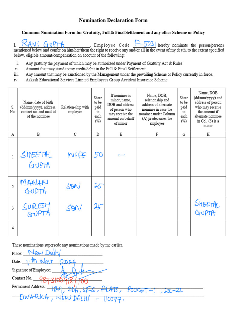 Gratuity Nomination Declaration Form | PDF | Financial Services | Payments