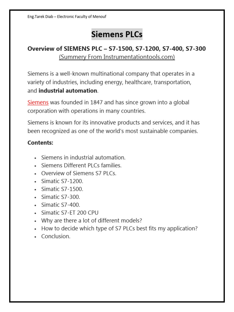 Overview of Siemens S7 PLC Families | PDF | Programmable Logic ...