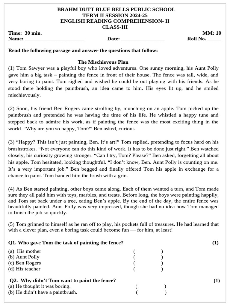2024-BBPS - Term 2 - Reading Comprehension-1 - Class III | PDF