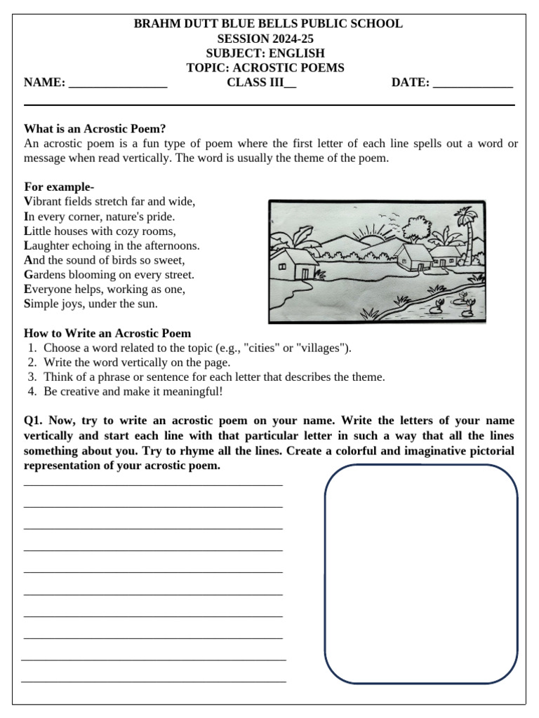 Integration Worksheet-Acrostic Poem-Class III | PDF | Poetry
