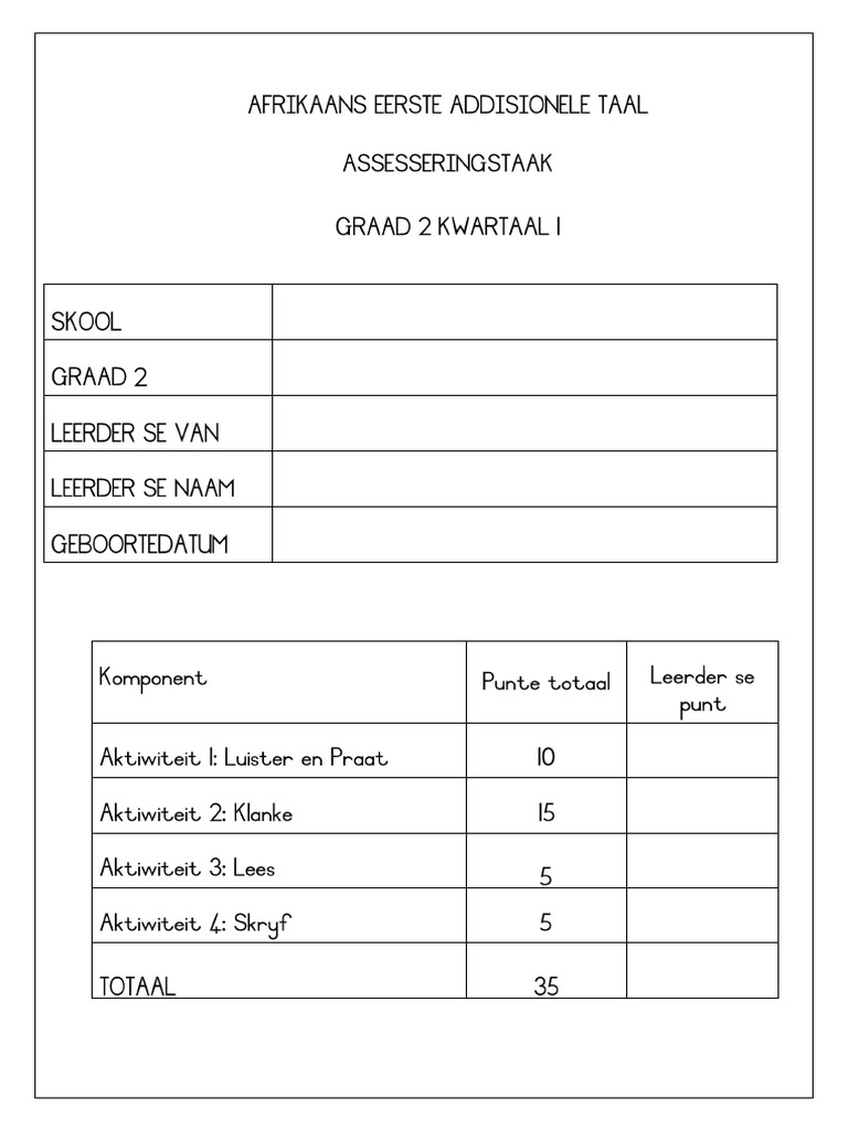 Grade 2 Term 1 Afrikaans FAL Assessment Task | PDF
