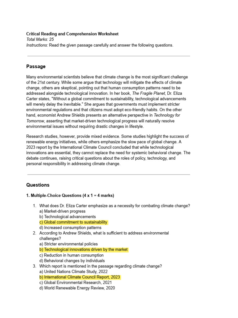 Critical Reading and Comprehension Worksheet[1] | PDF | Sustainability ...