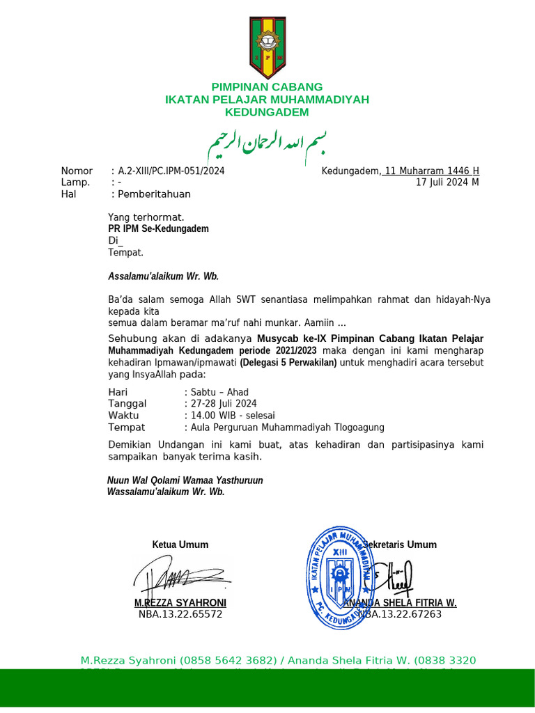 Undangan Musycab IX IPM Kedungadem | PDF
