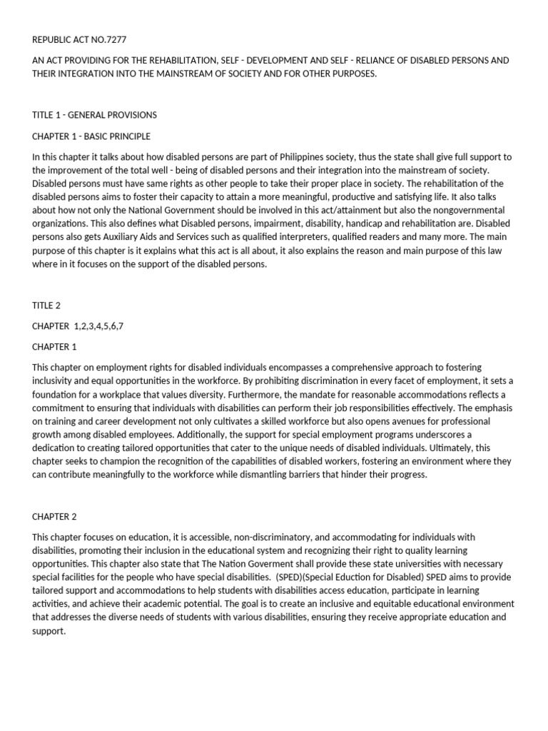Ra 7277 Magna Carta Summary | PDF | Disability | Special Education
