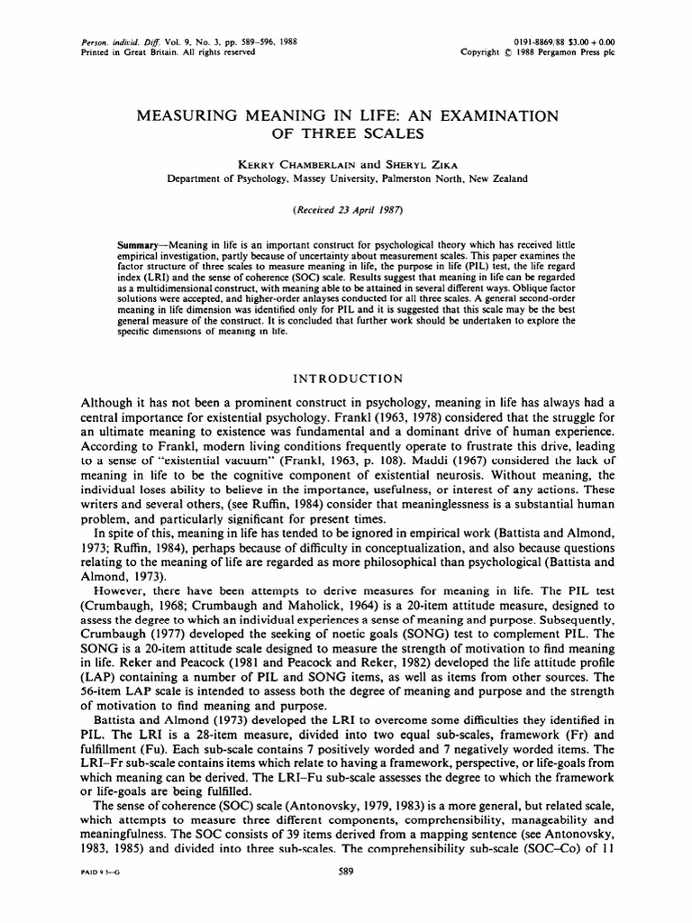 Chamberlain 1988 - Measuring Meaning in Life An Examination of Three ...