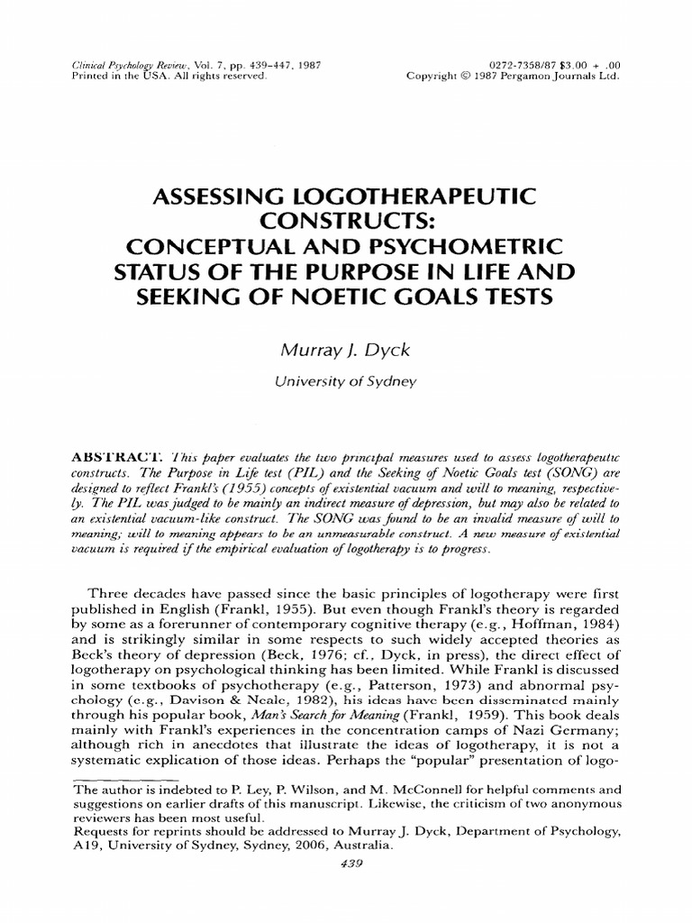 Dyck 1987 - Assessing Logotherapeutic Constructs Conceptual and Psychometric Status of The ...