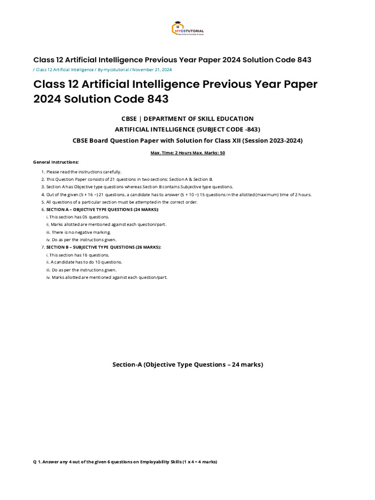 Class 12 AI Previous Year Paper Solutions | PDF | Mean Squared Error ...