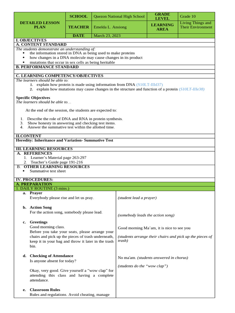 5 DLP - Summative Test (Heredity) | PDF | Heredity | Learning