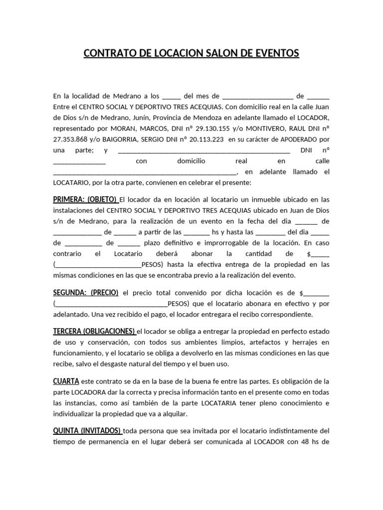 Contrato de Locación para Eventos | PDF