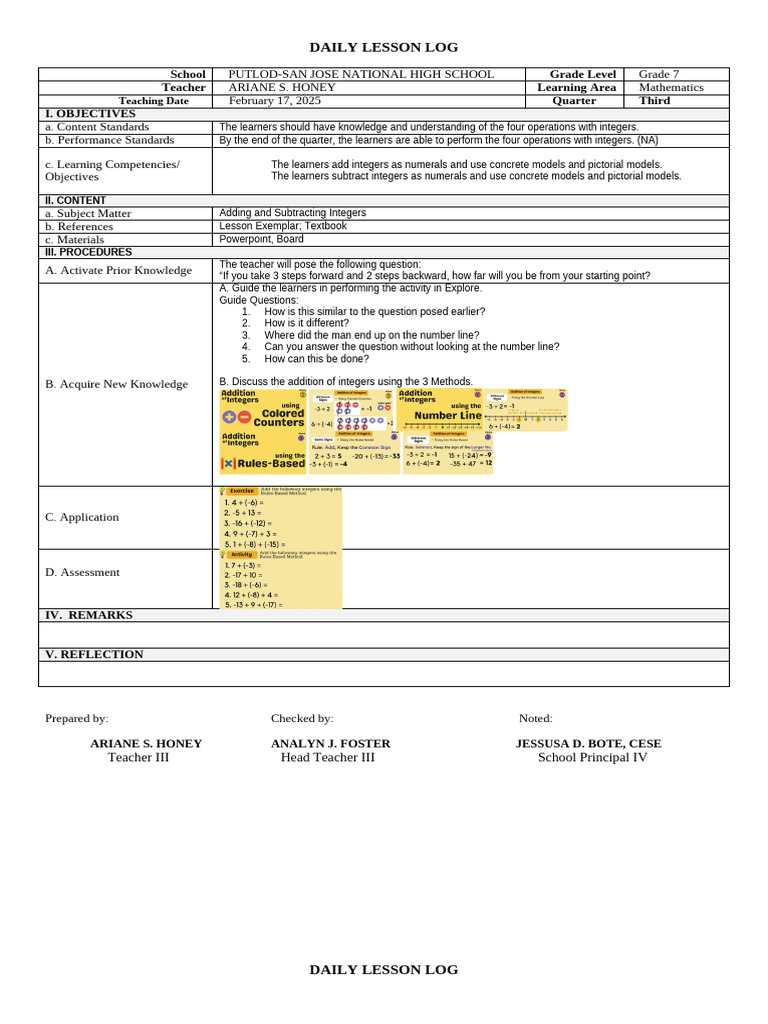 DLP - Adding and Subtracting Integers | PDF | Teachers | Learning
