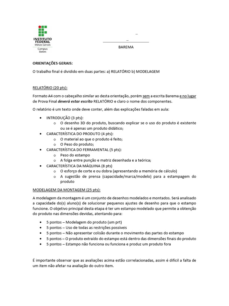 PROVA FINAL - Projetos - Eng Mec | PDF