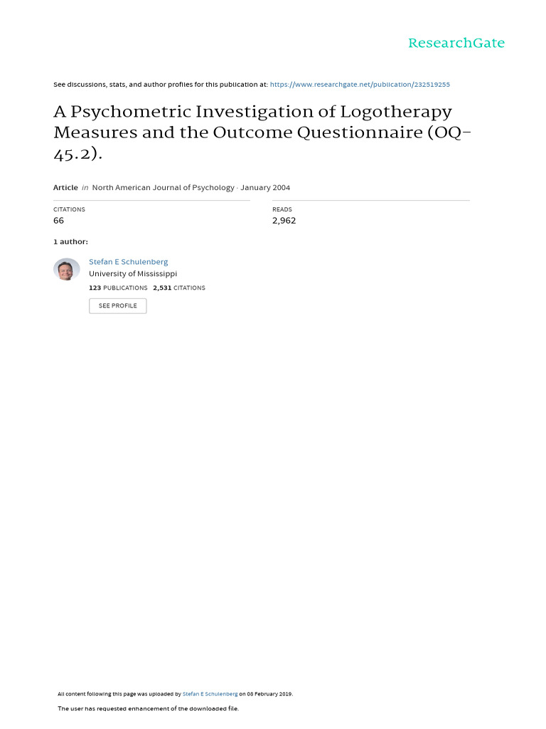 Schulenberg 2004 - A Psychometric Investigation of Logotherapy Measures and The Outcome ...