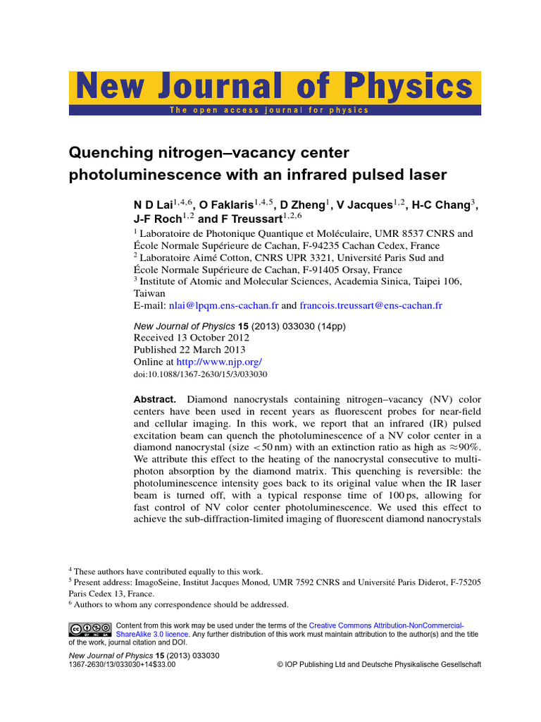 Quenching Nitrogen-Vacancy Center Photoluminescenc | PDF | Light | Optics
