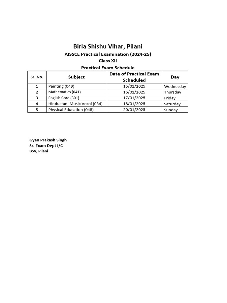 Class XII Practical Exam Schedule 2025 | PDF