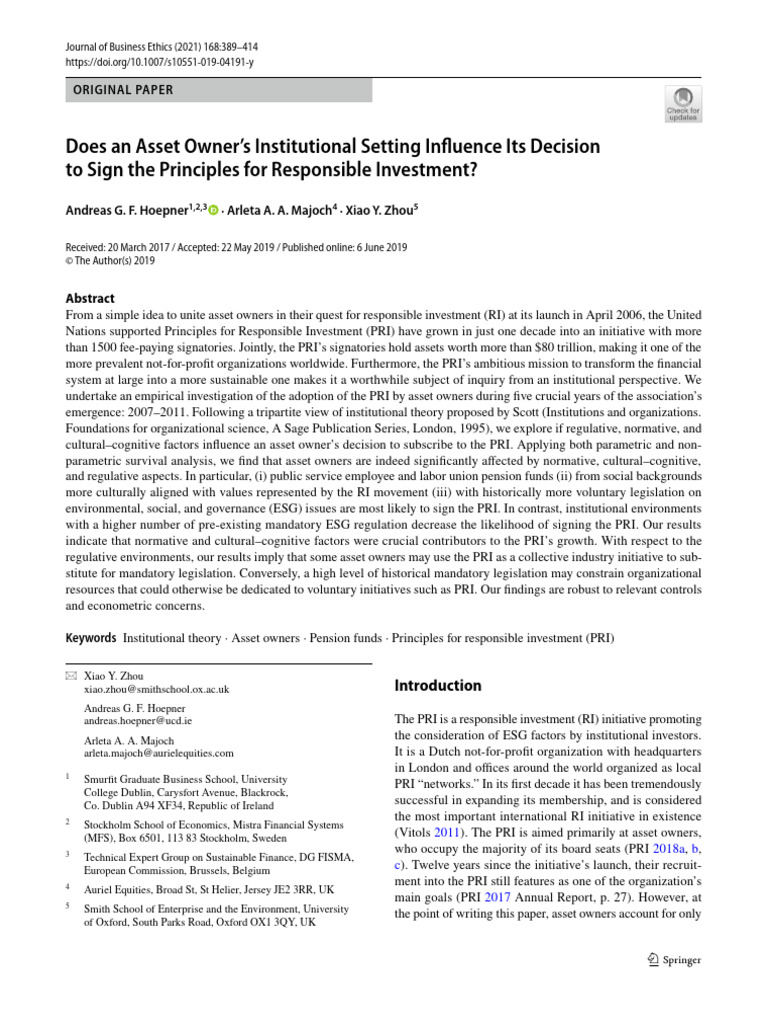 Does an Asset Owner’s Institutional Setting Influence Its Decision ...